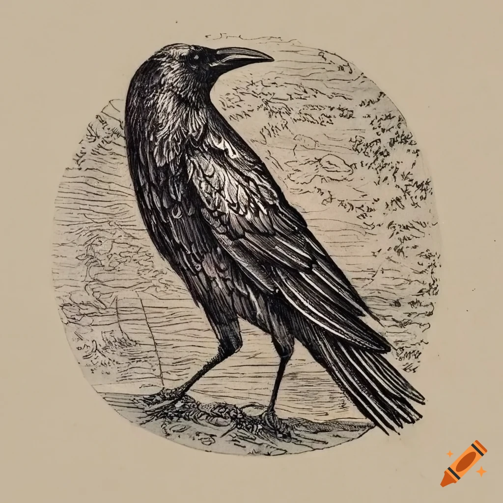 1800s pen and ink etching of a crow outline on Craiyon