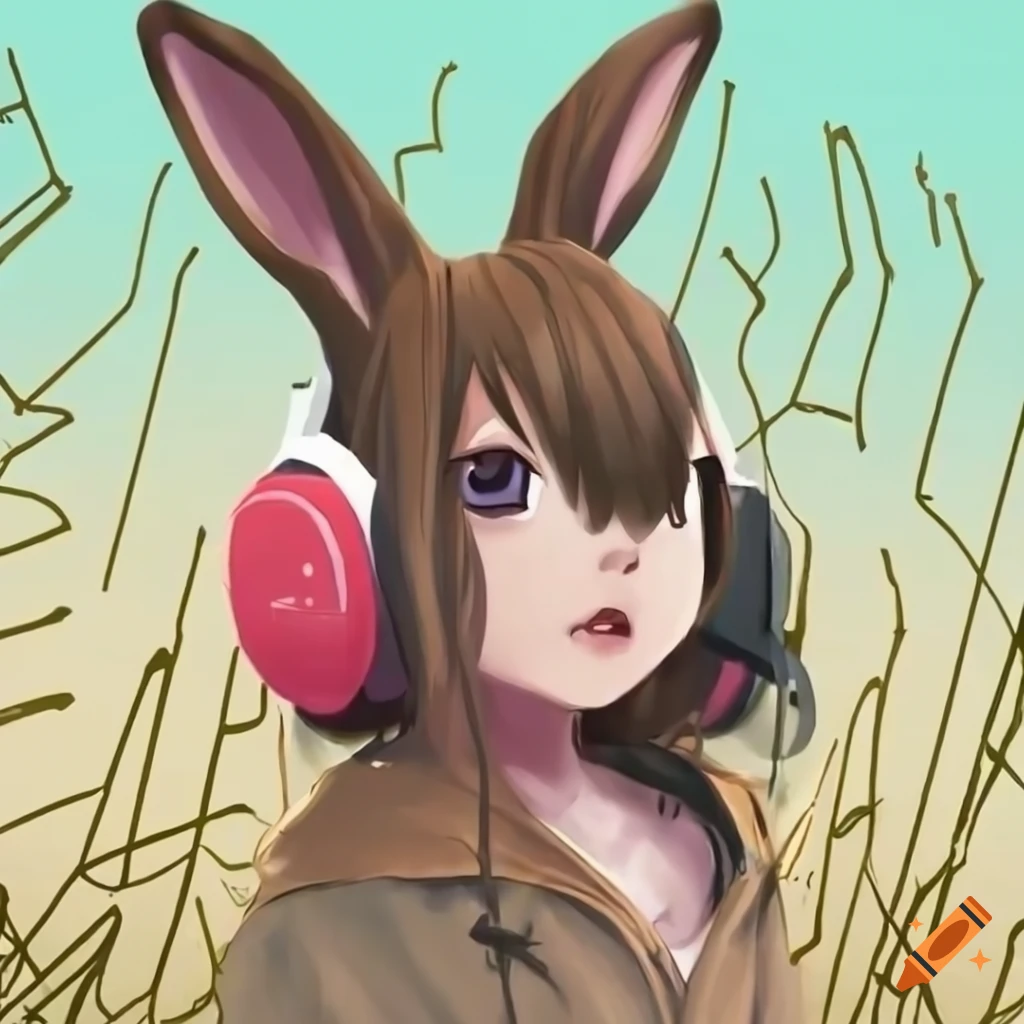 Rabbit listening to a synthesizer on Craiyon