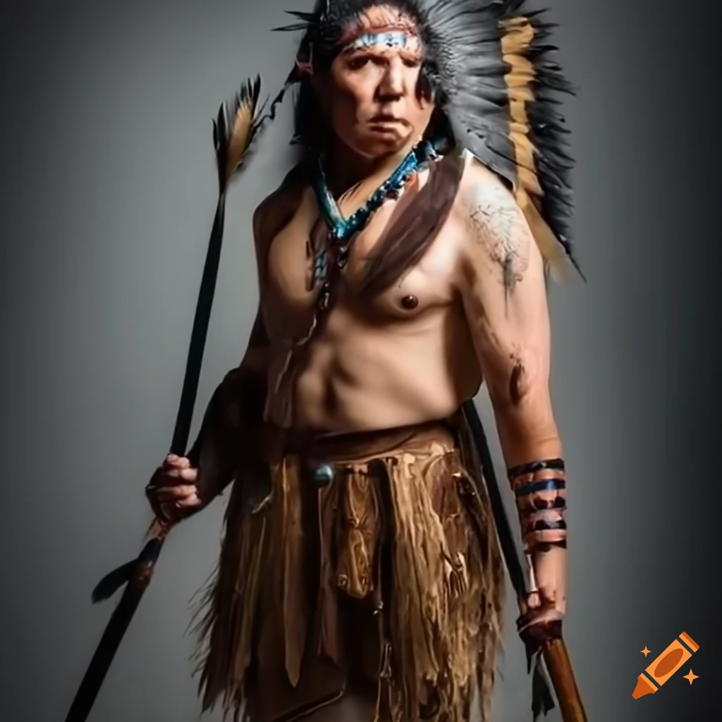 Impressive portrait of a native american warrior with staff and hunting ...