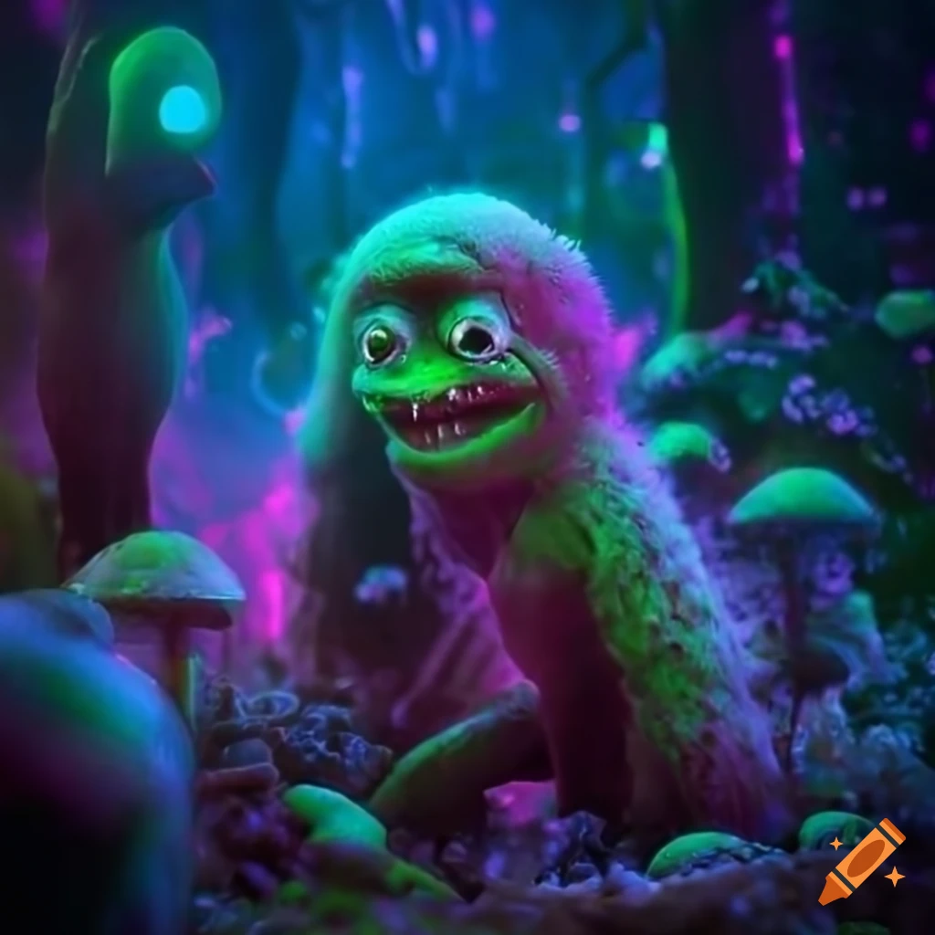 Glowing biopunk cityscape with green moss, plants, mushrooms, and ...