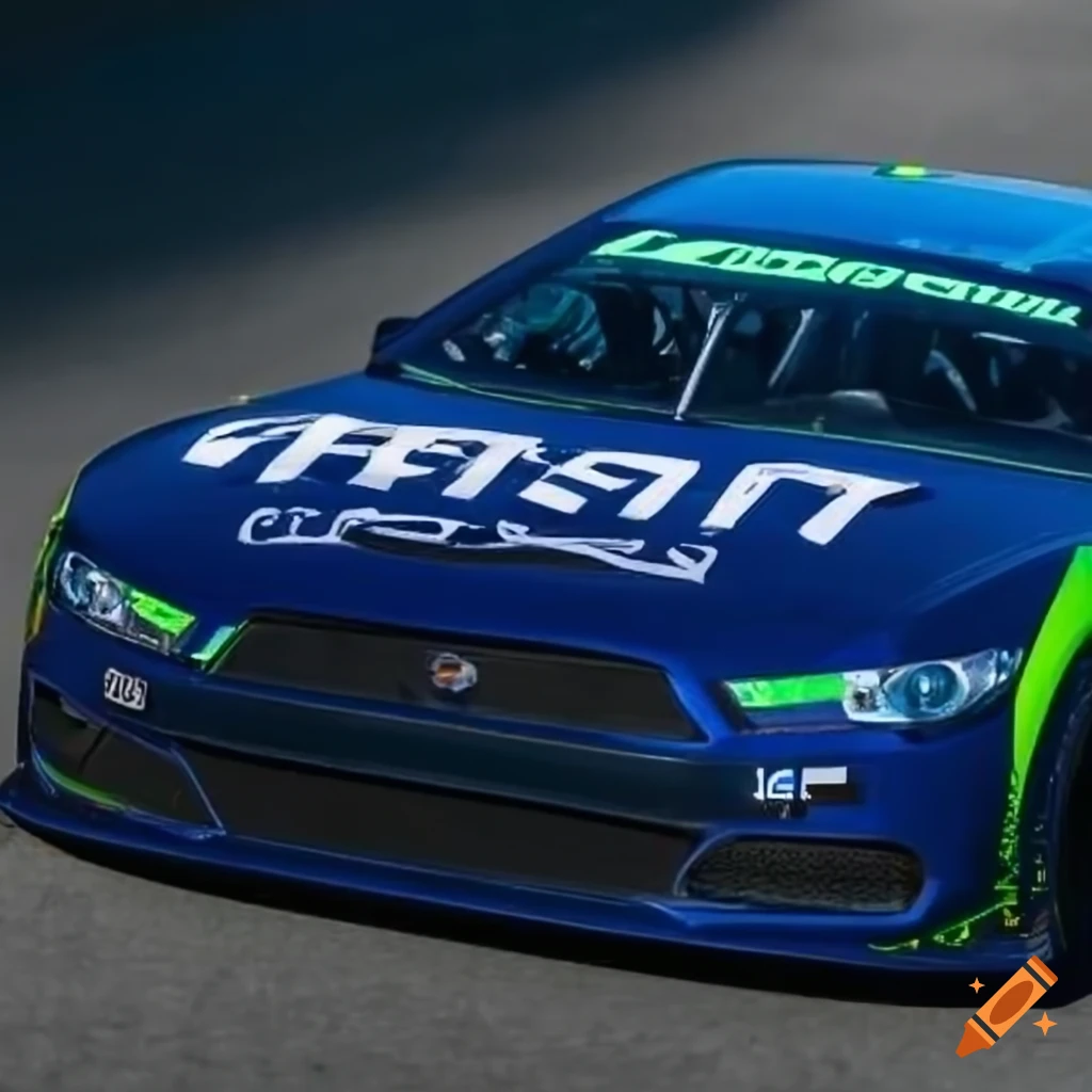Stock racing car with dark blue color and lime green numbers on Craiyon