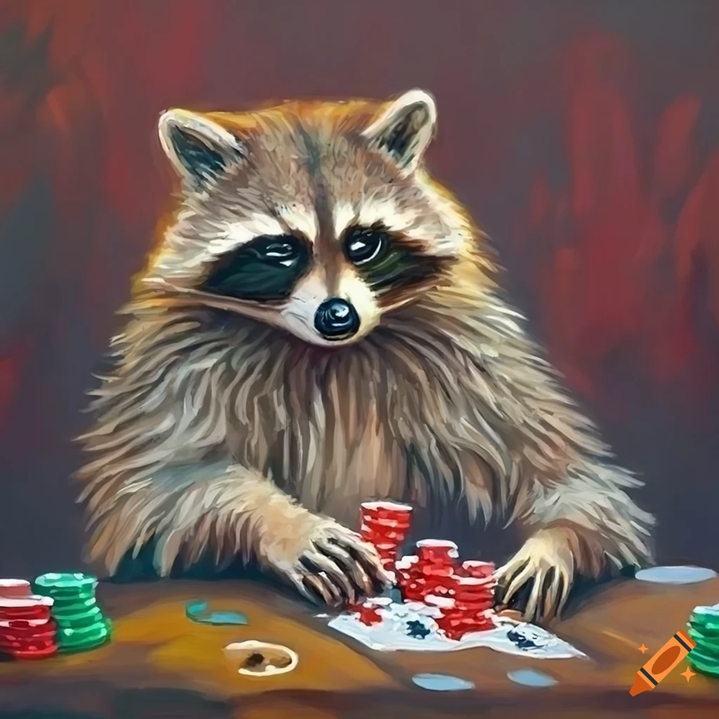 Canvas painting of a raccoon playing poker with warm colors on Craiyon