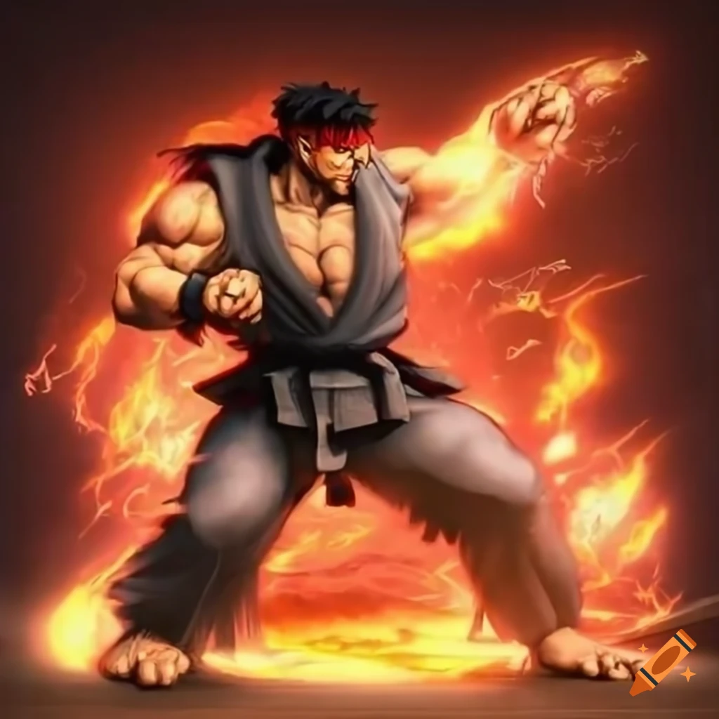 Ryu from street fighter in a full-body lightning fireball pose on Craiyon