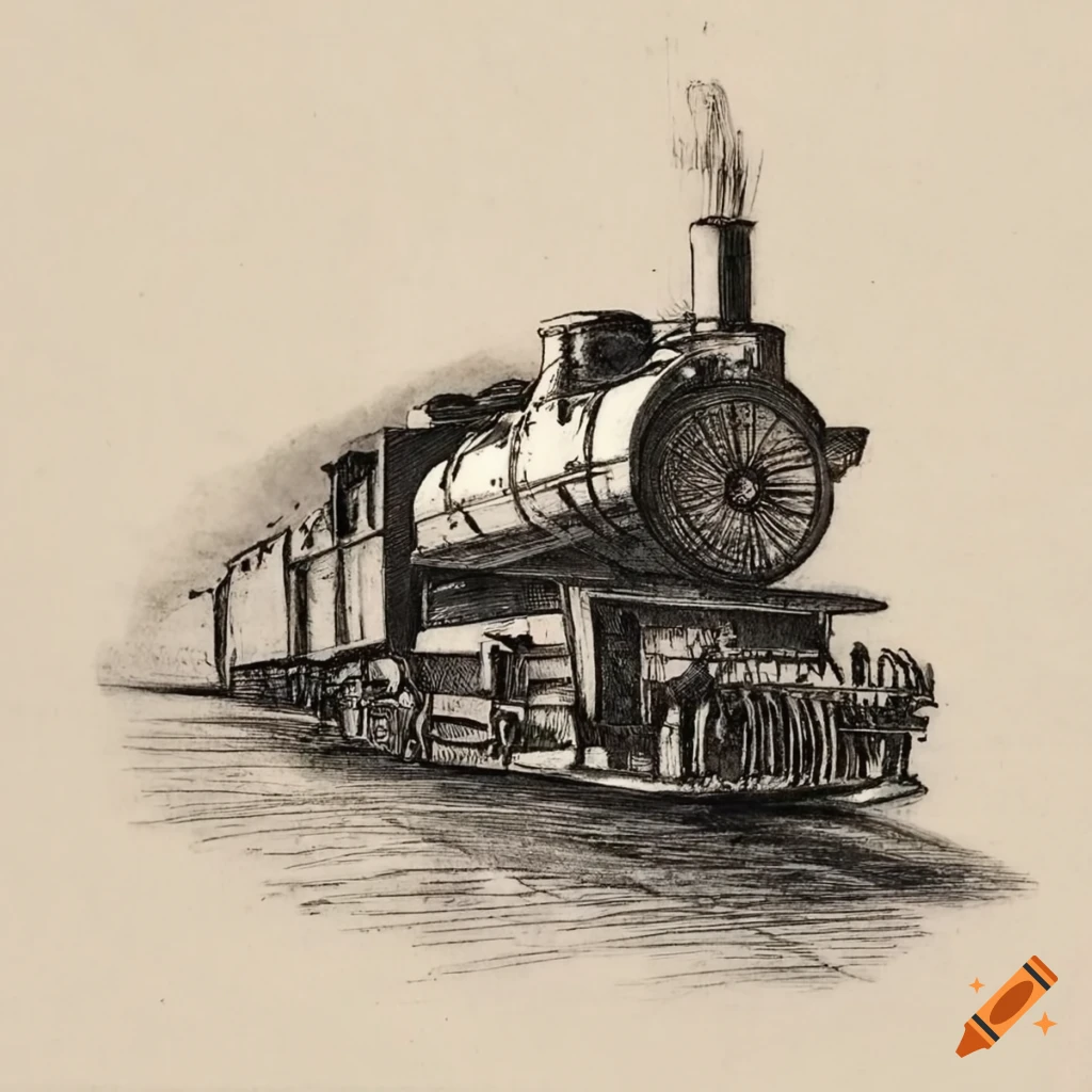 1800's antique drawing of a vintage train in charcoal etching style on ...