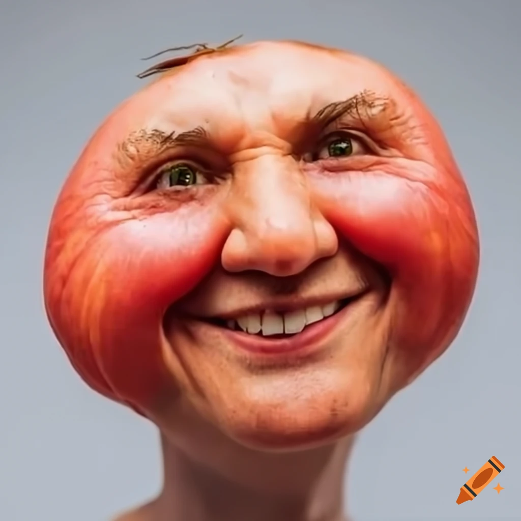 Man with a tomato-shaped head smiling on light gray background on Craiyon