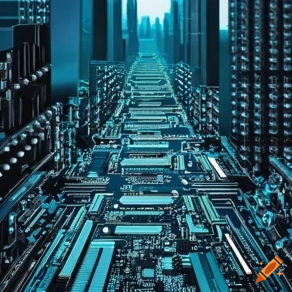 View down a street in a landscape of computer chips and circuit boards ...