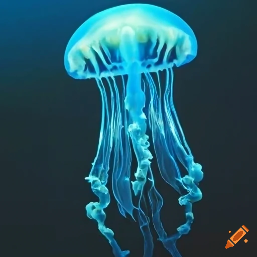 Blue glowing jellyfish with long tentacles on Craiyon