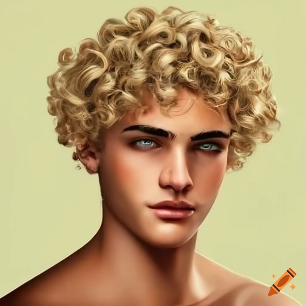 Greek male with curly blond hair, tan skin, and green eyes on Craiyon