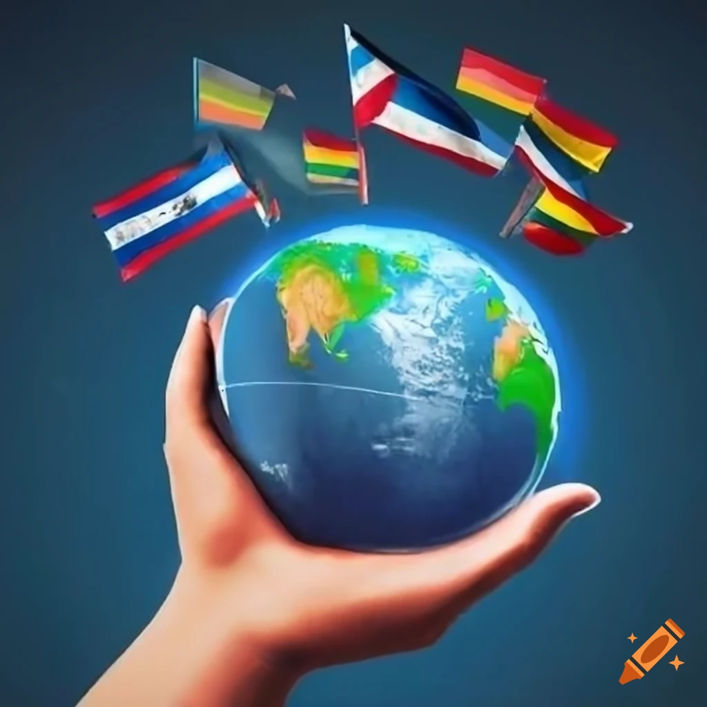 Languages Link Us Together poster with hand holding earth and flags on ...