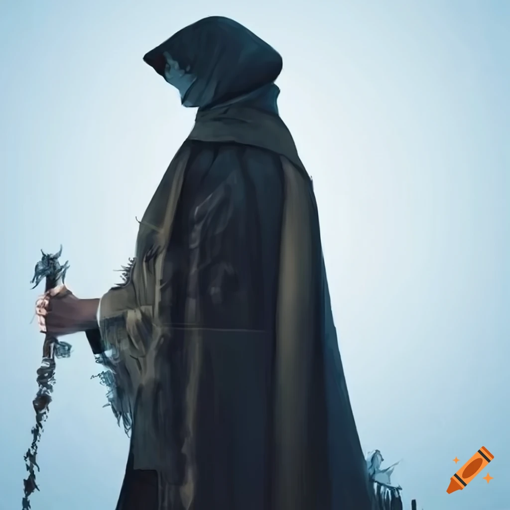 Buff young man in a tattered cloak with mountains in the background on Craiyon