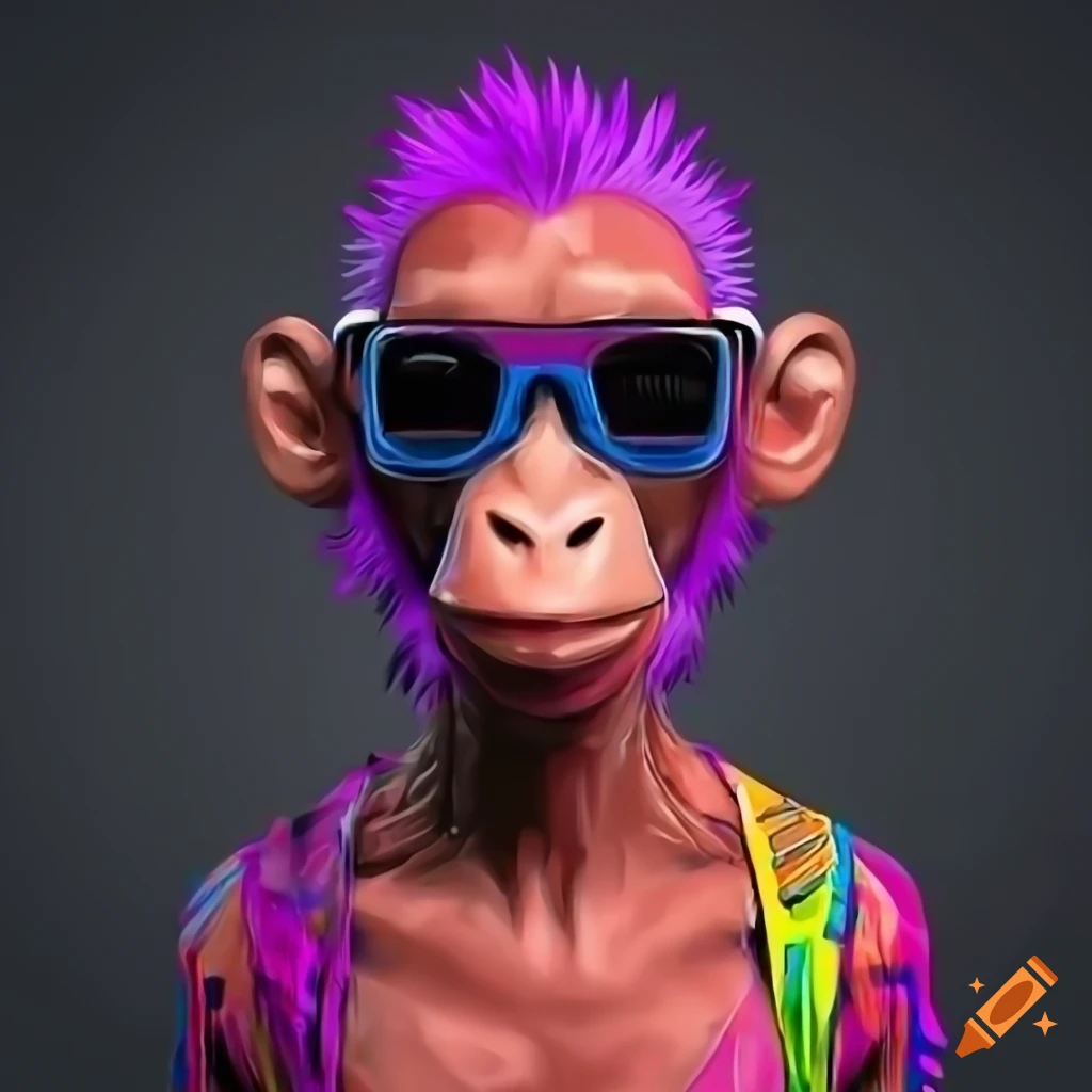Colorful monkey NFT wearing black glasses in a cyberpunk style on Craiyon