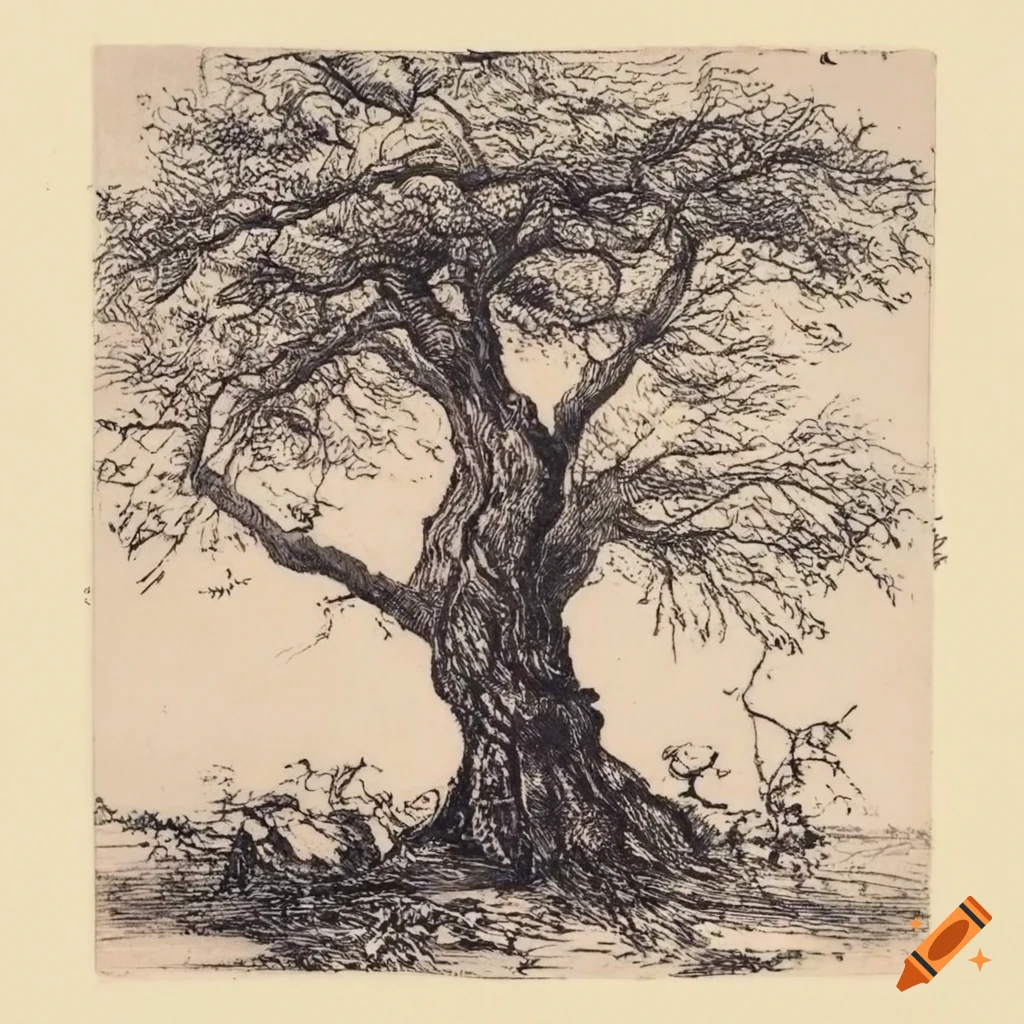 Pen and ink etching of a tree from the 1800s on Craiyon