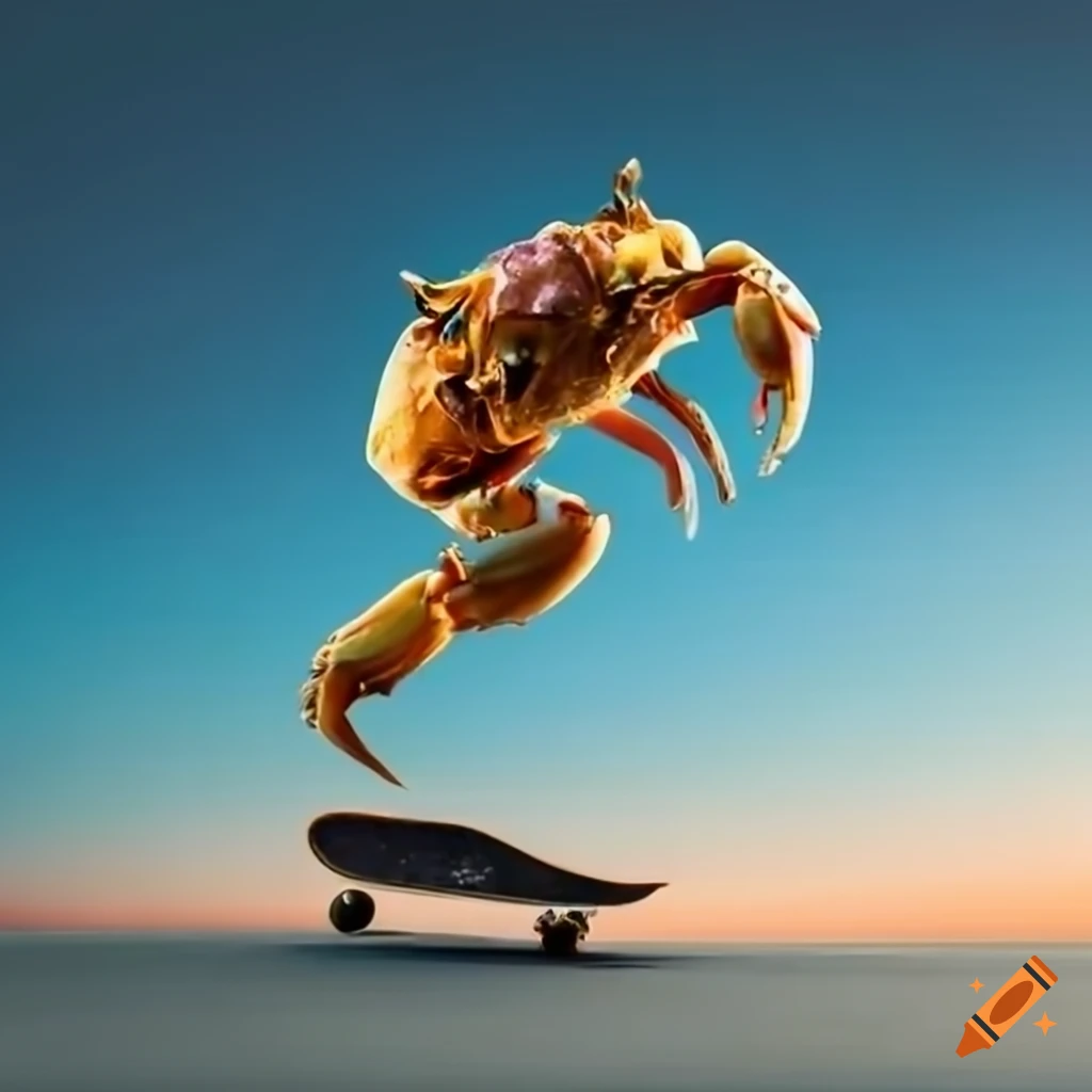 Crab on a skateboard doing a back flip at a skatepark on Craiyon