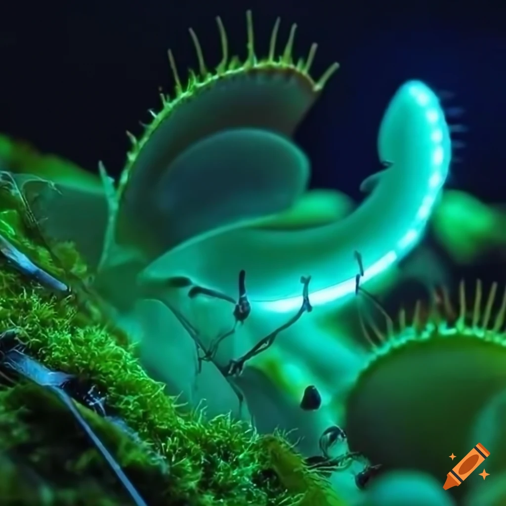 Glowing biopunk Venus flytrap creature in a moss-covered cityscape with cybernetic technology on ...