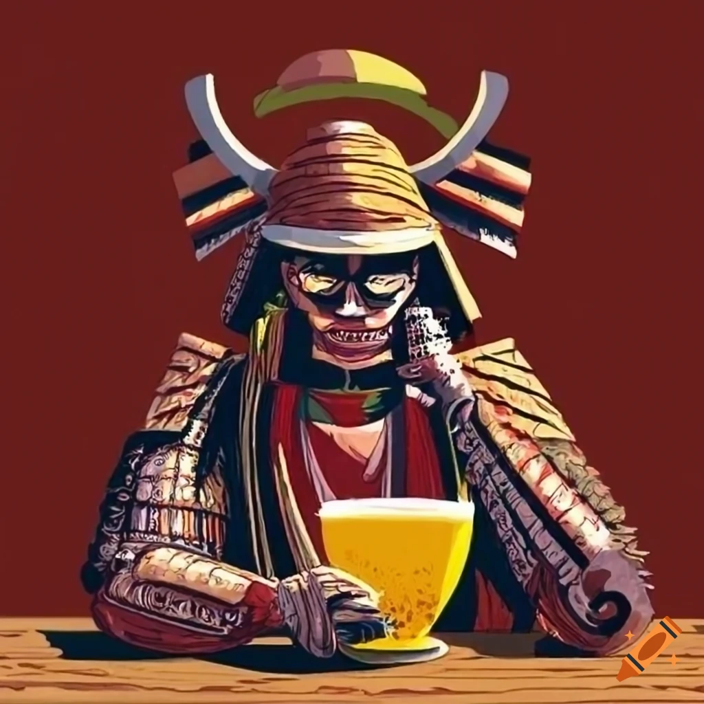 Serene samurai resting next to a cup of lemon on a wooden table on Craiyon