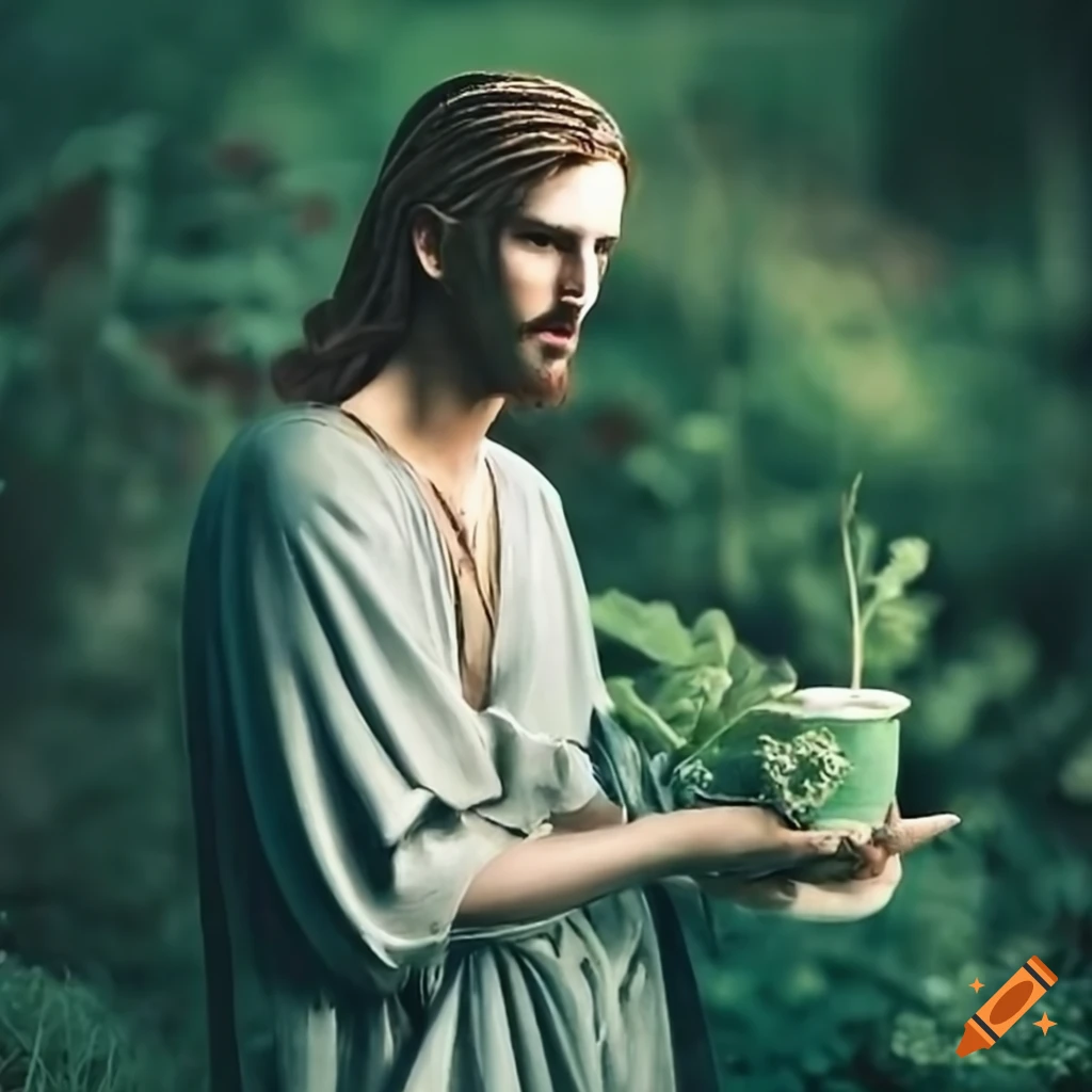 Depiction of Jesus as a gardener holding a seedling on Craiyon