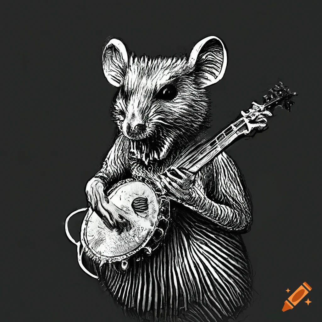 Detailed etching of a sly faced rat playing a banjo on Craiyon