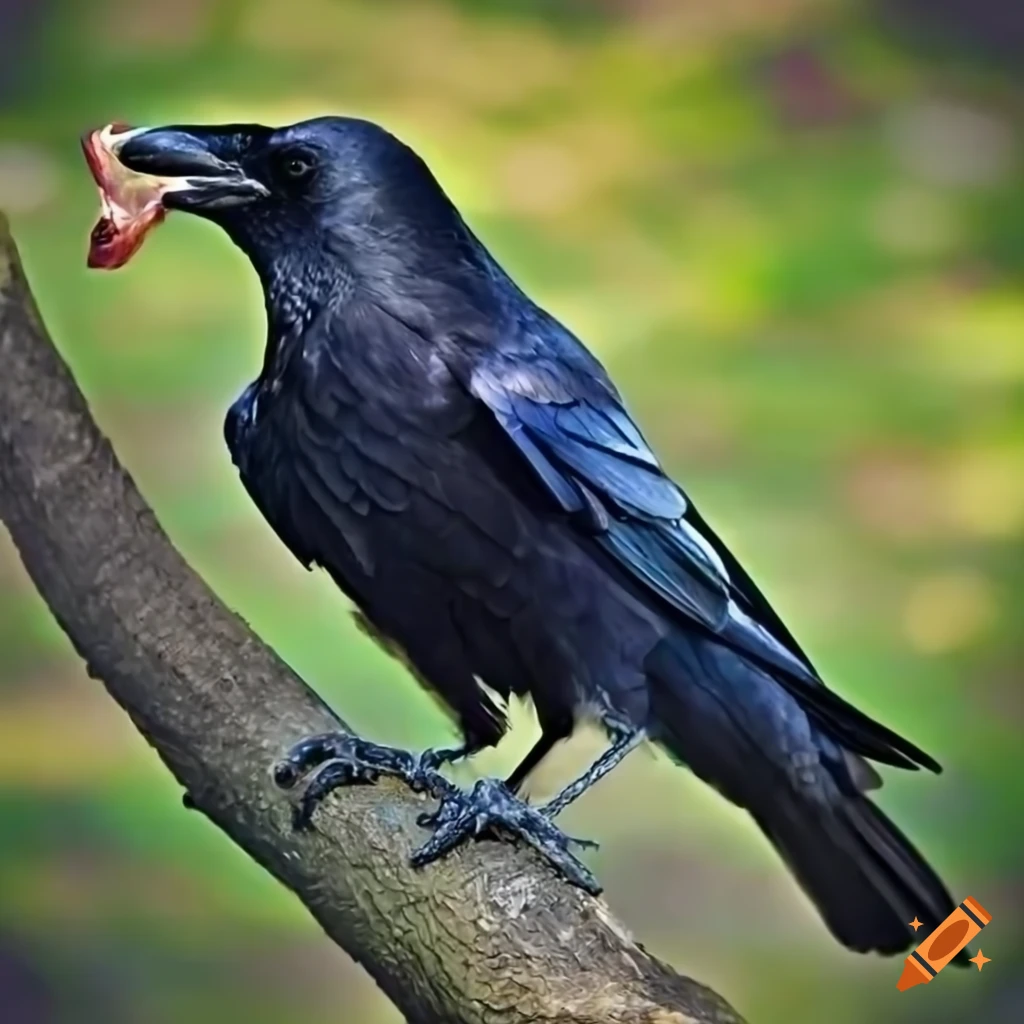 Crow holding a piece of meat on a tree branch on Craiyon