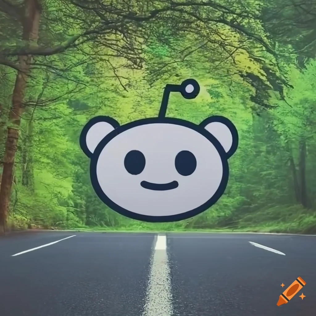 Reddit logo on a road in a beautiful green forest on Craiyon