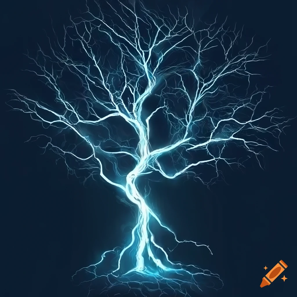 White lightning shaped like a leafless fractal tree with glowing ...