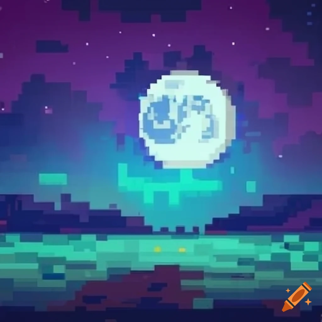 Pixel art of the moon surface with stars in the background on Craiyon