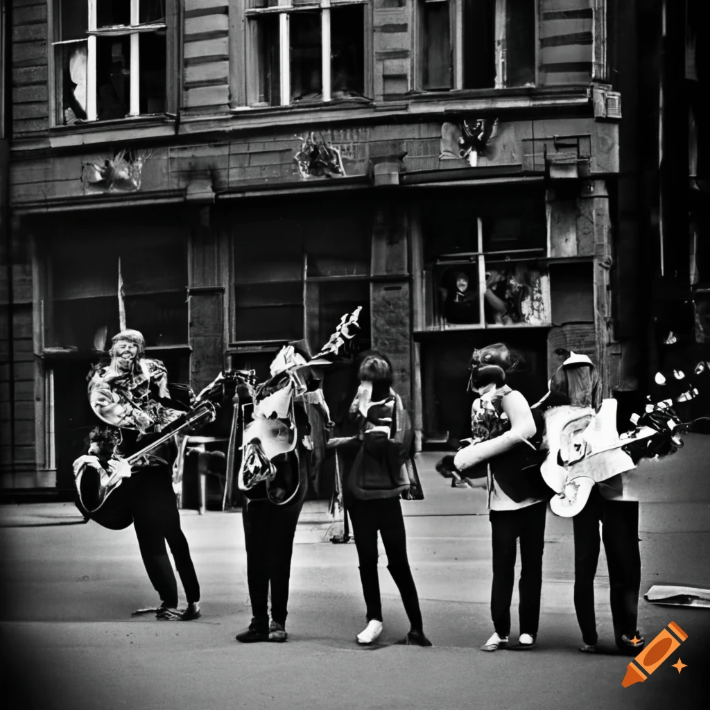Band in front of stockholm city street in 1970 with instruments and ...