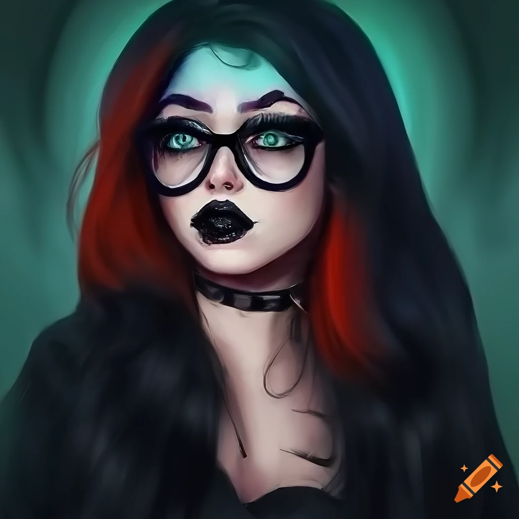 Portrait of a goth girl with green eyes, long red-black hair, and glasses on Craiyon