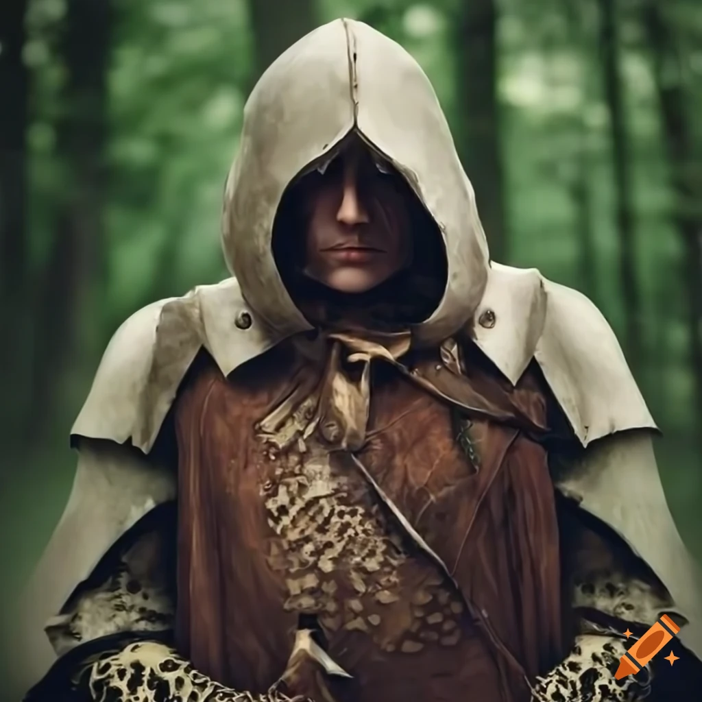 Medieval hunter in bone armor and mask in enchanted forest on Craiyon