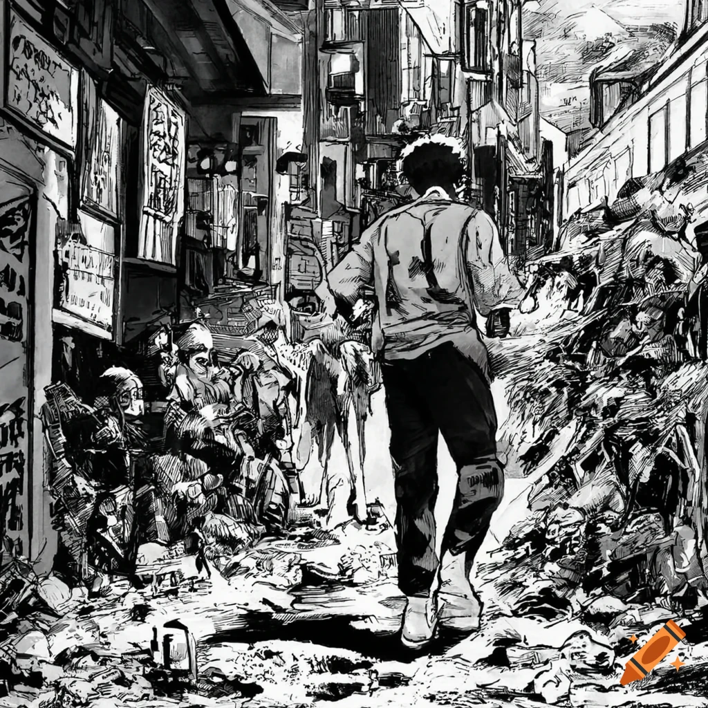 Impressive manga scene - people watching explosion in an alley with ...