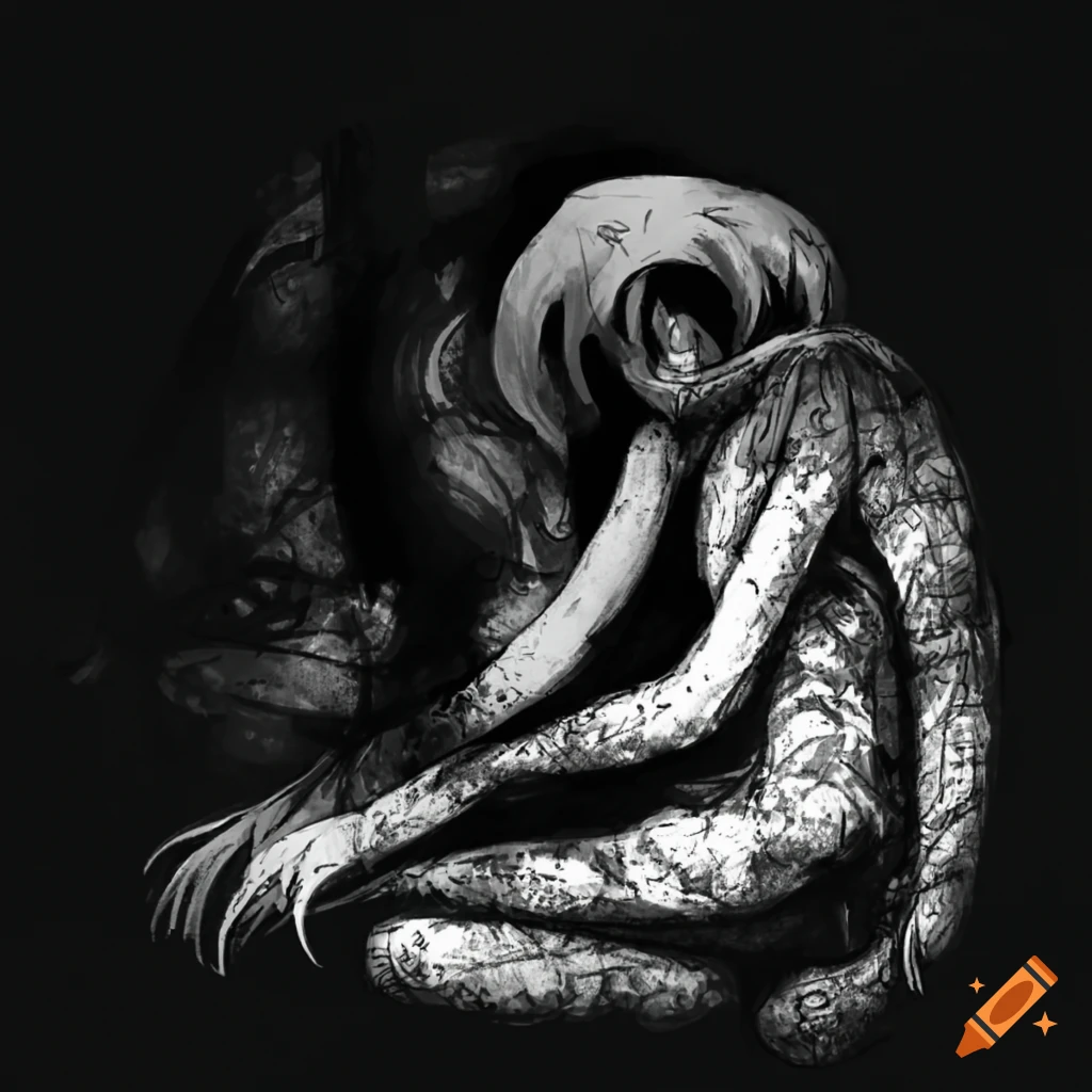 Self-destructive monster sitting in a corner on Craiyon