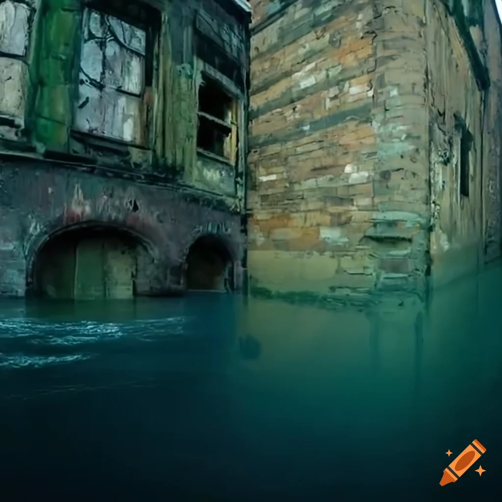 Close-up view of flooded crumbling brick doorway with sinking buildings ...