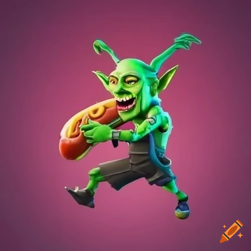 Silly goblin character made of hotdogs in fortnite style on Craiyon