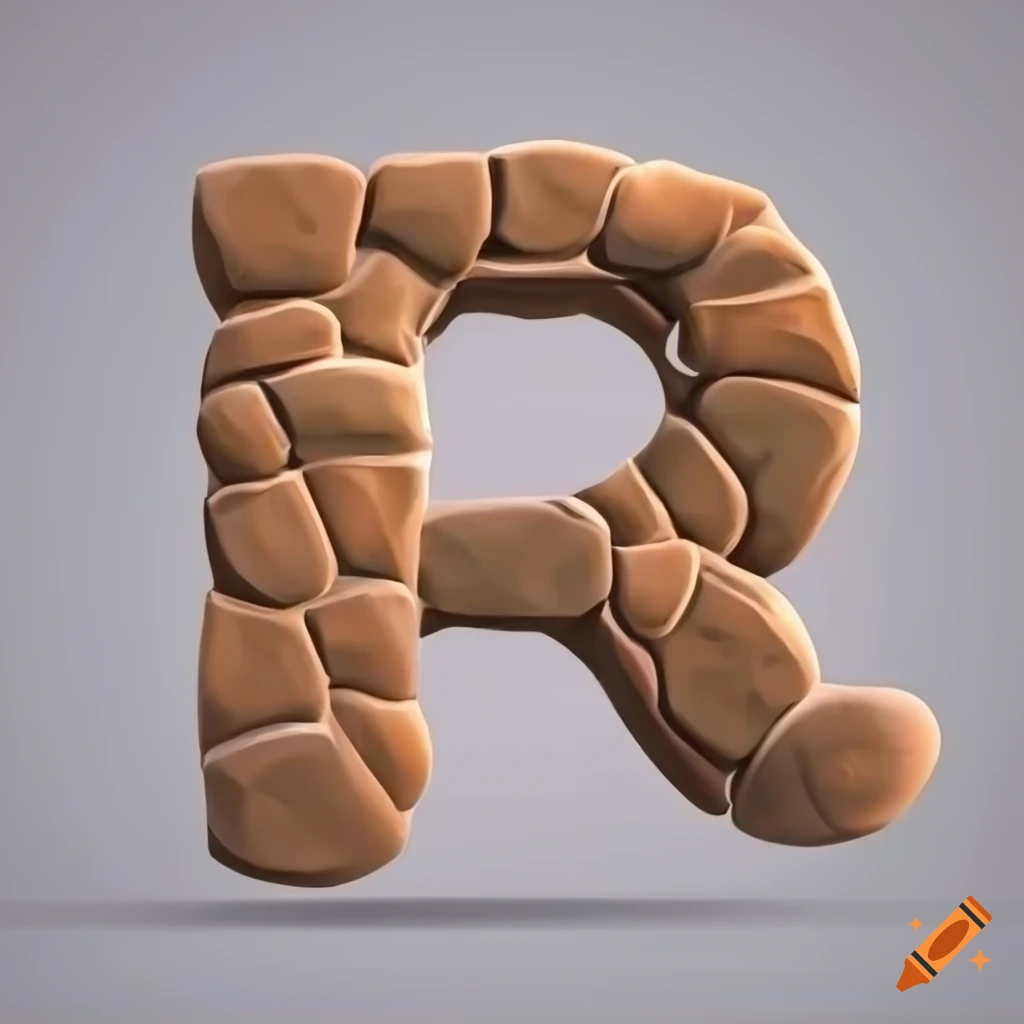 Stylized letter r sculpted from light brown stone on white background ...