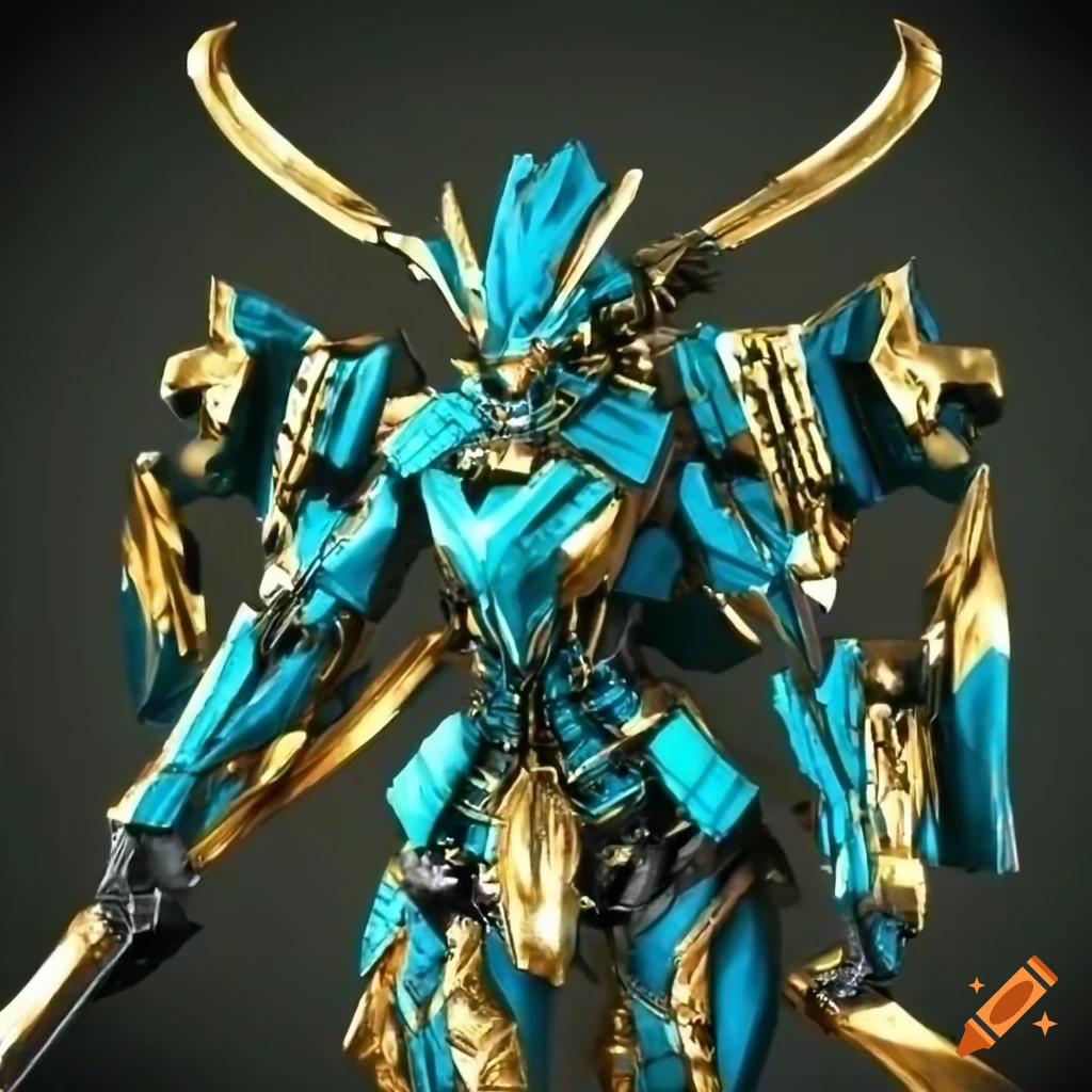 Detailed green, azure, and golden gilded samurai with wings ...