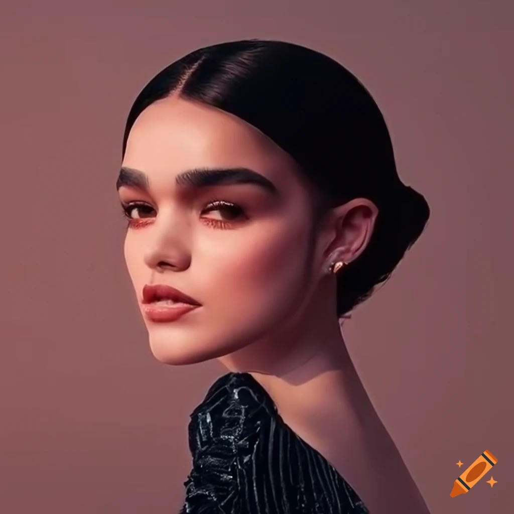 High-resolution ultra-realistic portrait of Rachel Zegler highlighting symmetrical features on ...