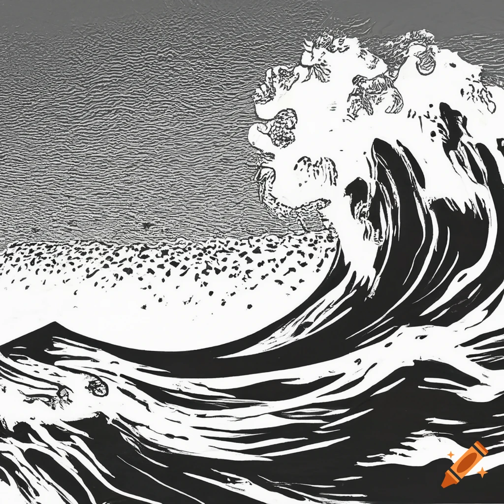 Powerful waves crashing against rocky cliffs in intricate linocut style ...
