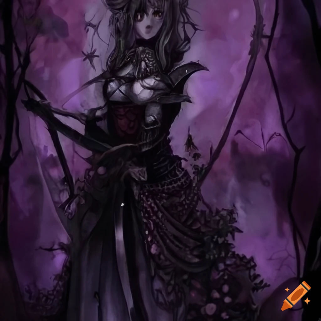 Feminine knight in armor of purple decayed flowers with a hidden face ...
