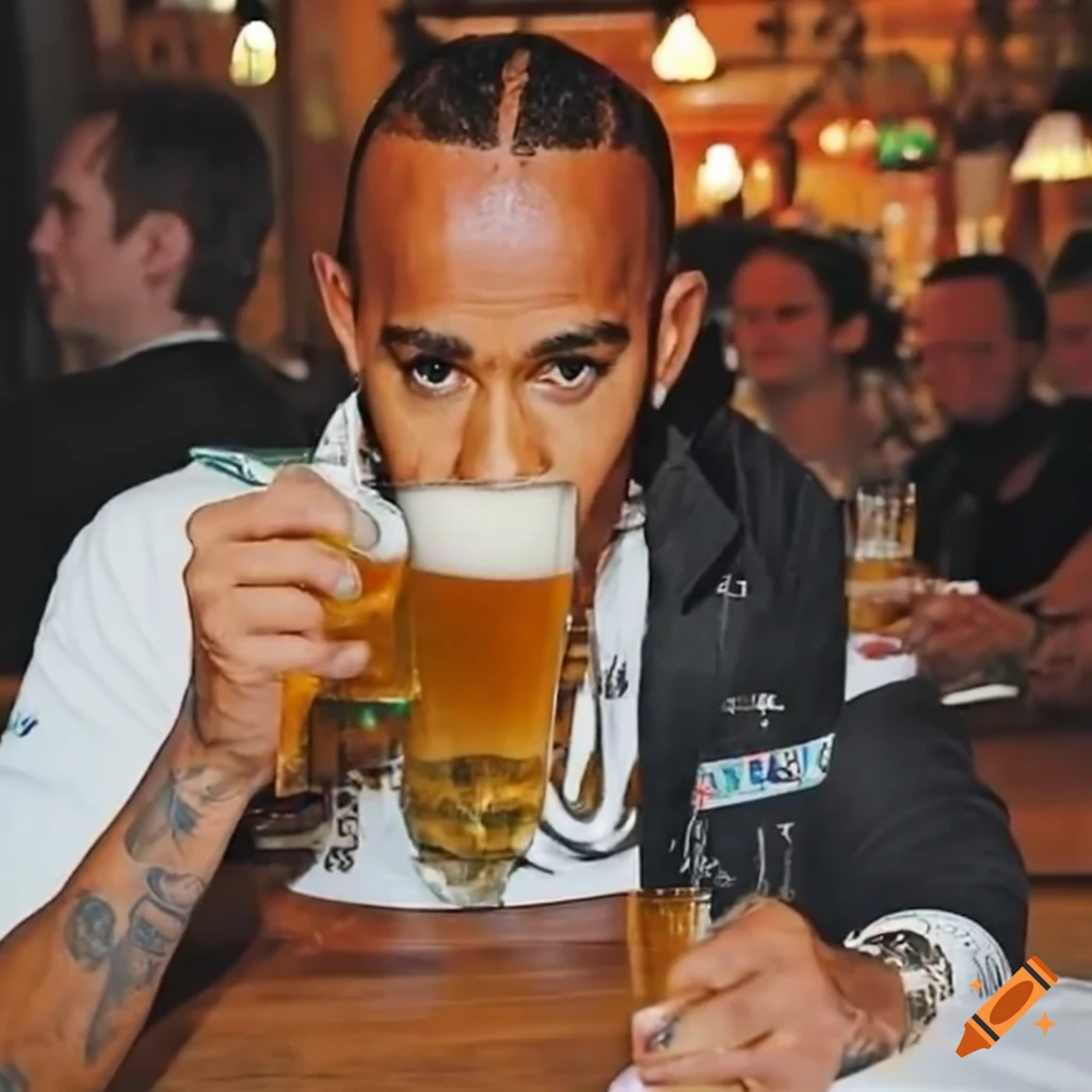 Lewis hamilton enjoying a beer at a pub on Craiyon