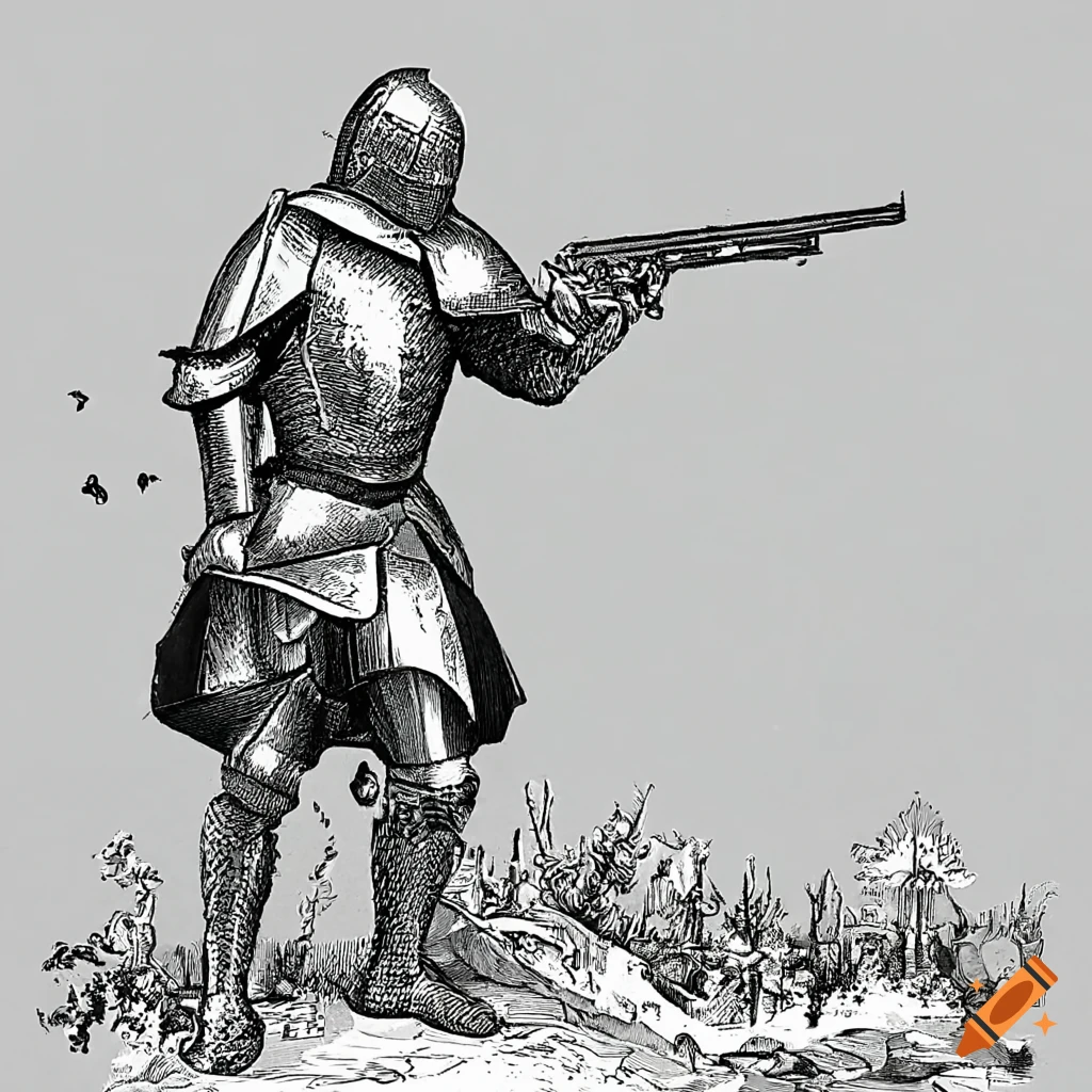 Medieval knight with flintlock pistol in flame-covered armor on a ...