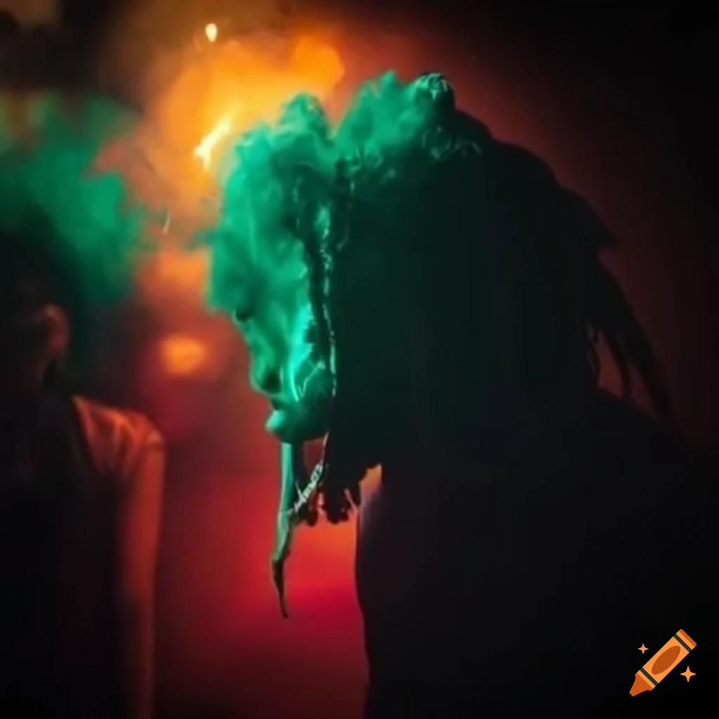 Reggae party at a night club with smoke and people dancing on Craiyon