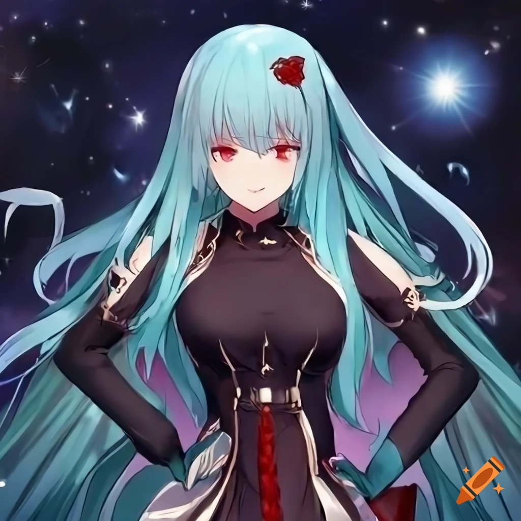 Anime woman with cyan hair, detailed dark red eyes in fate style on Craiyon