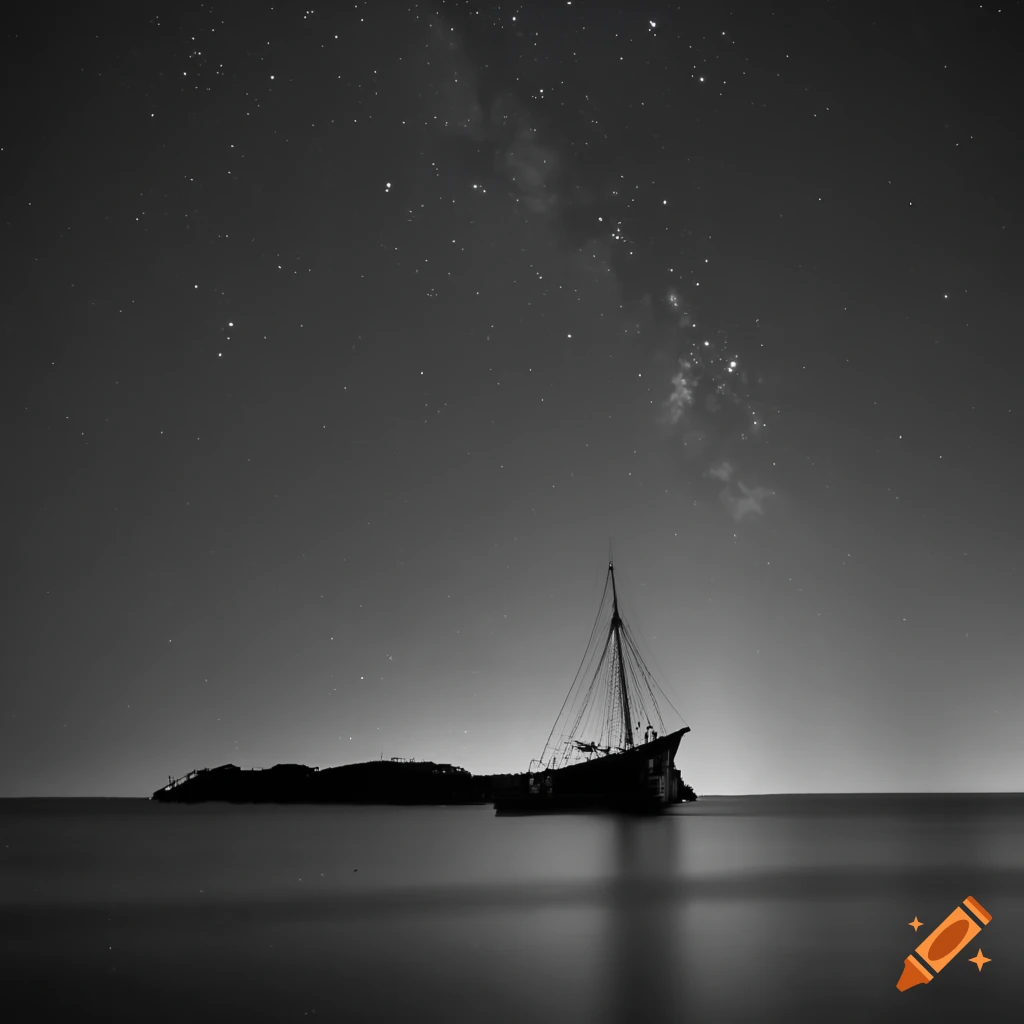 Lonely ship sailing under a starry night sky in black and white on Craiyon