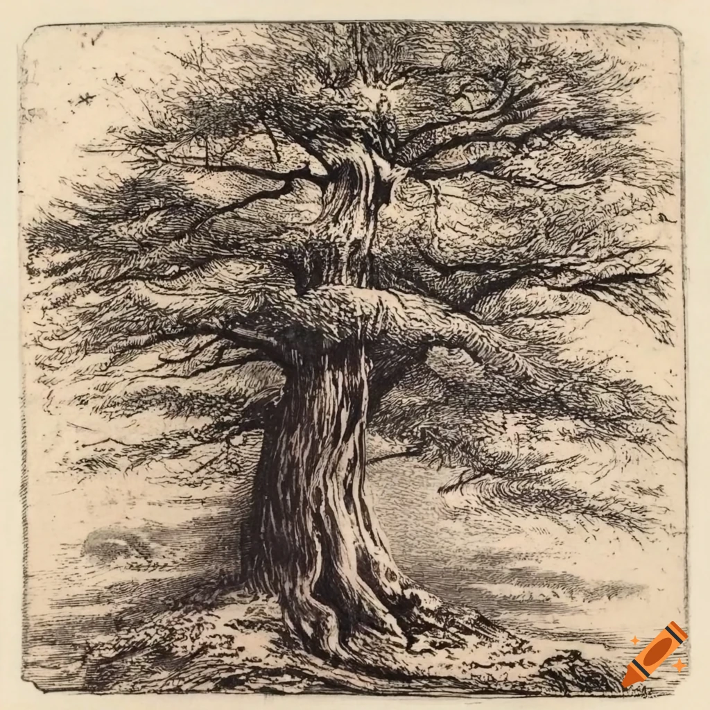1800s pen and ink etching of a tree on Craiyon