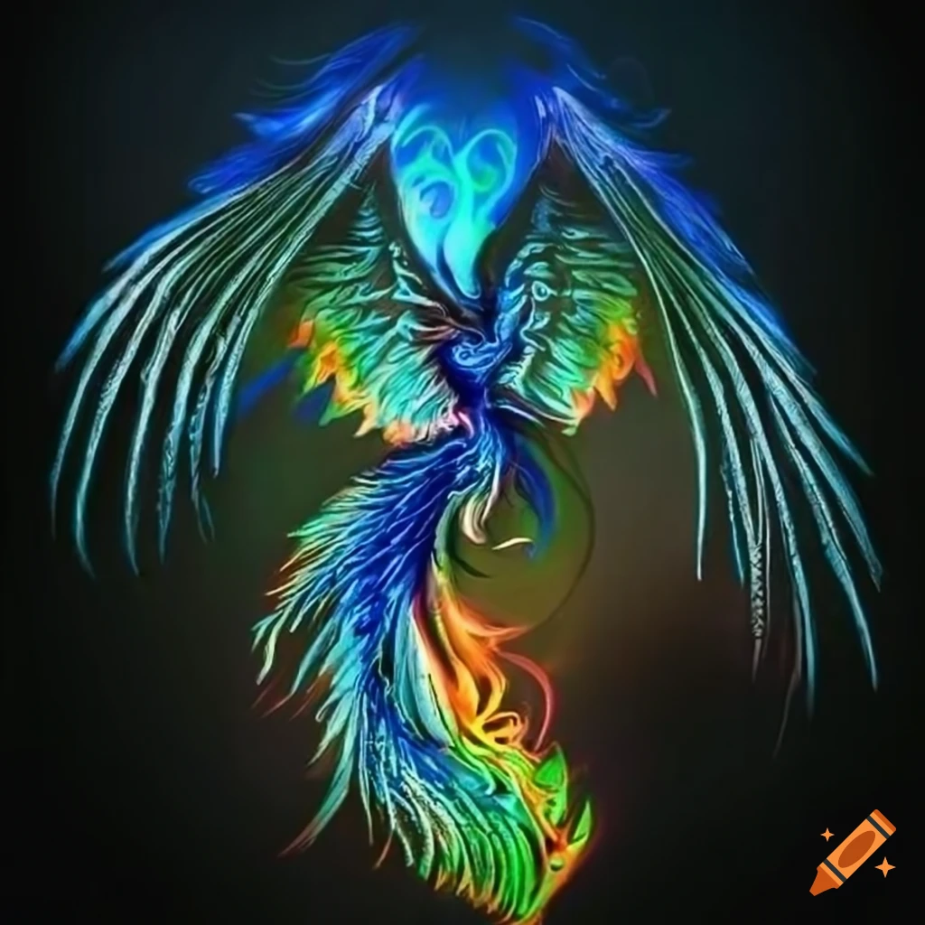 Elaborately designed green phoenix with blue flames tattoo on Craiyon