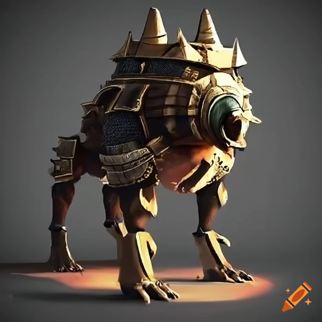 Armored dog with four legs walking on Craiyon