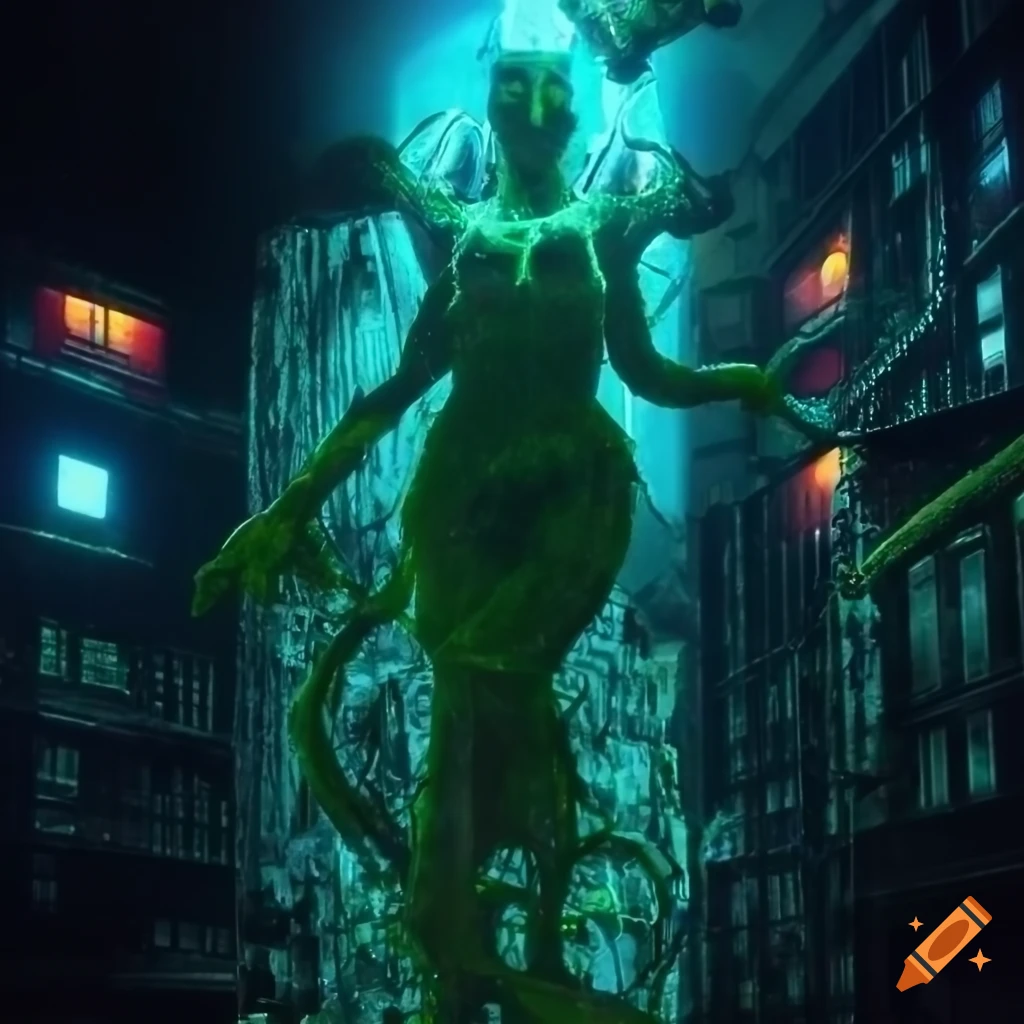 Glowing biopunk cityscape with green moss, plants, mushrooms, and ... Glowing biopunk cityscape with green moss, plants, mushrooms, and ...
