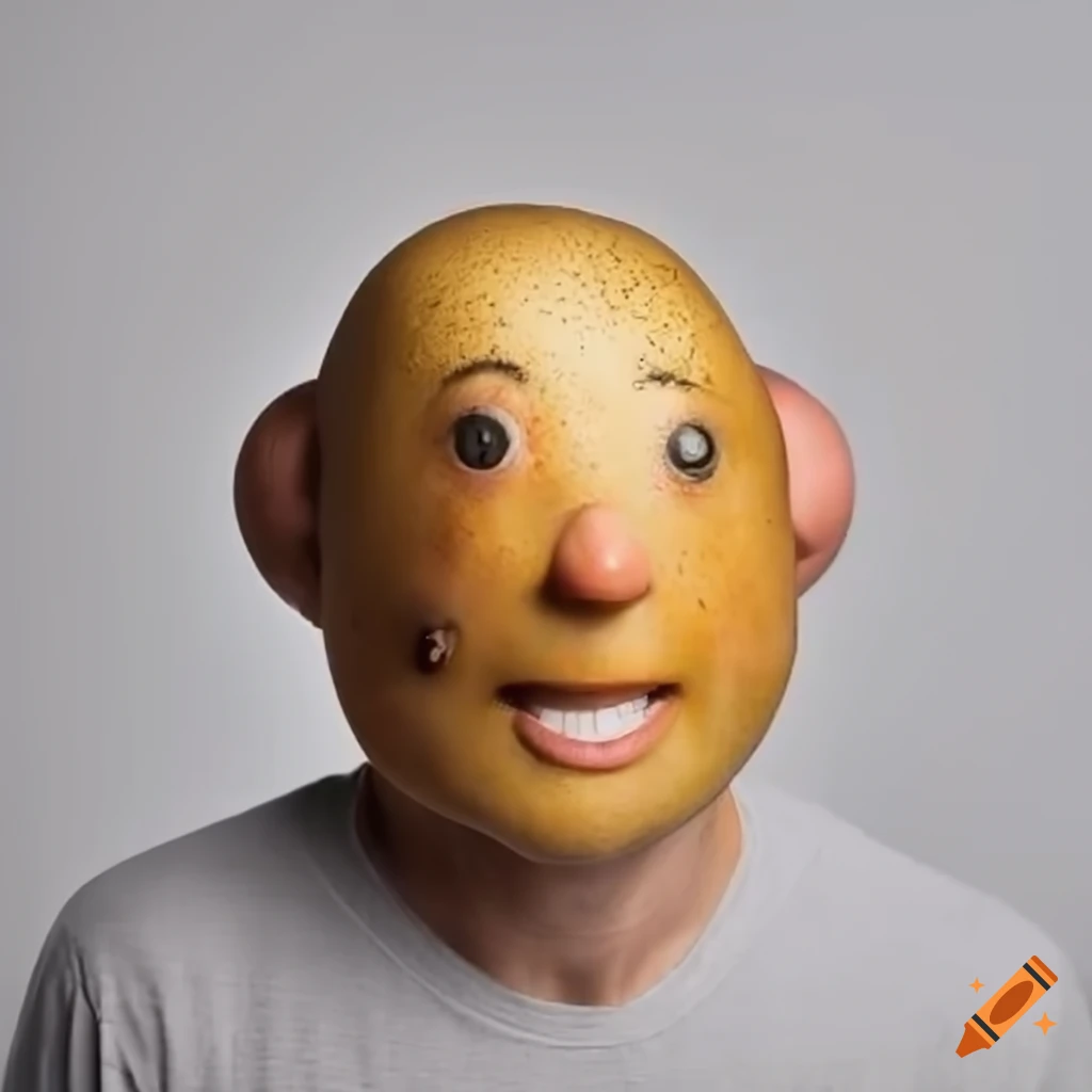 Man with potato-shaped head smiling on light gray background on Craiyon