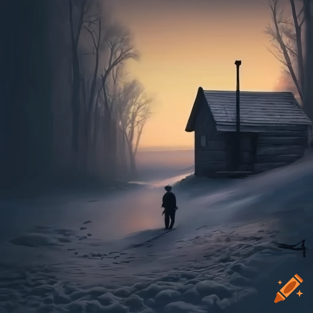 Lonely man inviting shadowy creature to cabin in snowy landscape on Craiyon