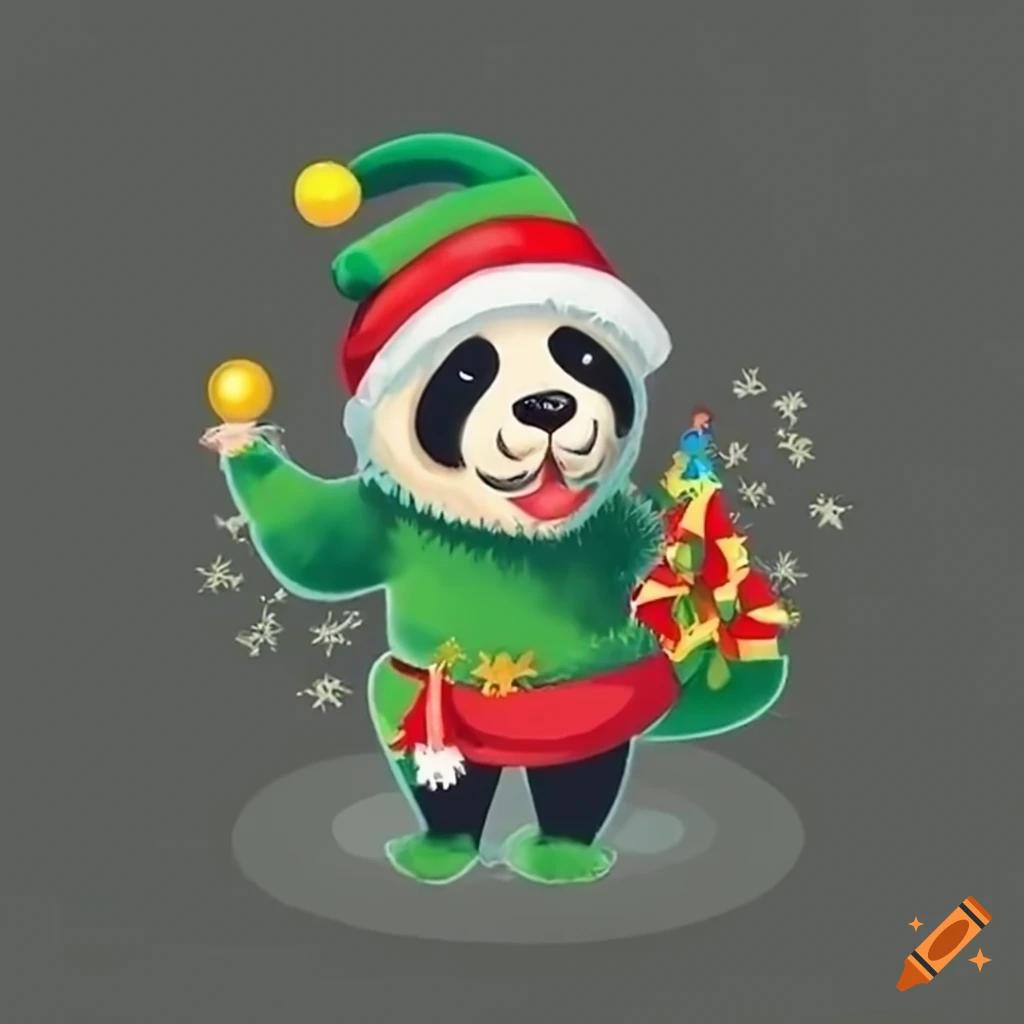 Playful panda with elf cap playing with christmas tree on Craiyon
