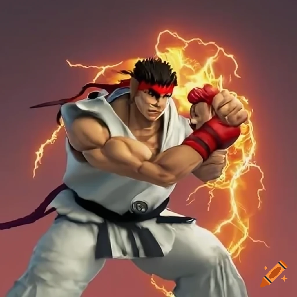 Video game character Ryu from Street Fighter performing a lightning fireball move on Craiyon